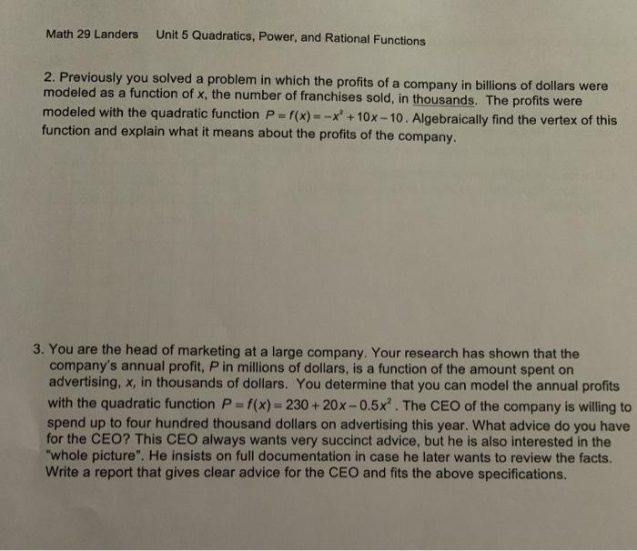 Solved Math 29 Landers Unit 5 Quadratics, Power, and | Chegg.com
