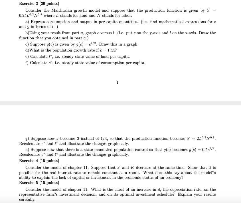 Solved Exercise 3 (30 ﻿points)Consider the Malthusian growth | Chegg.com