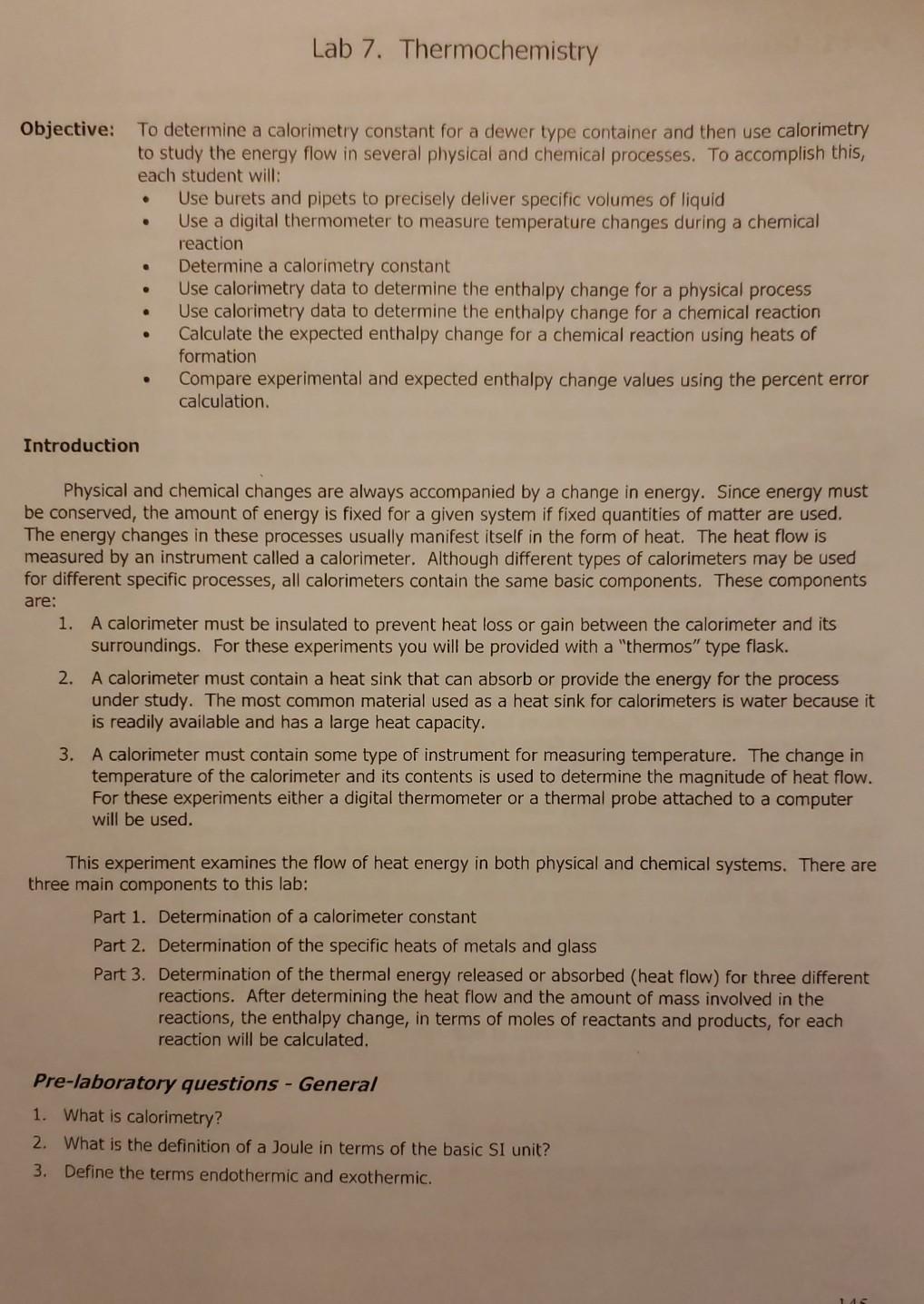 Solved Lab 7. Thermochemistry Objective: To determine a | Chegg.com