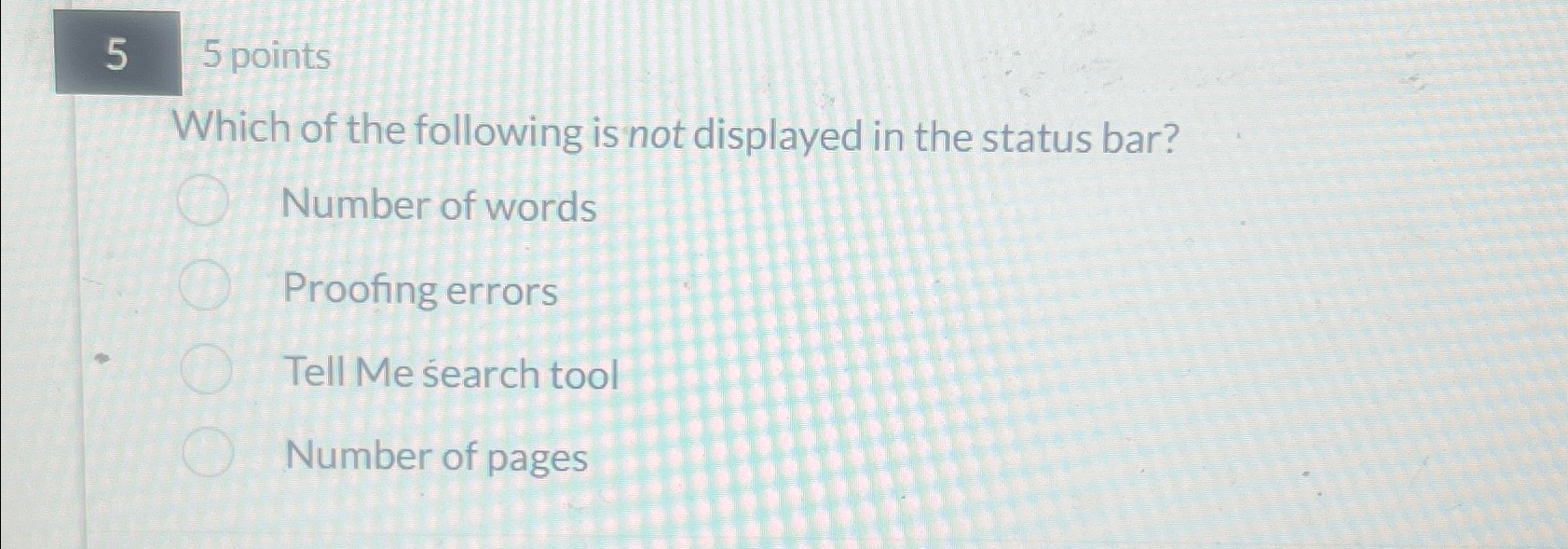 Solved 5 ﻿pointsWhich of the following is not displayed in | Chegg.com