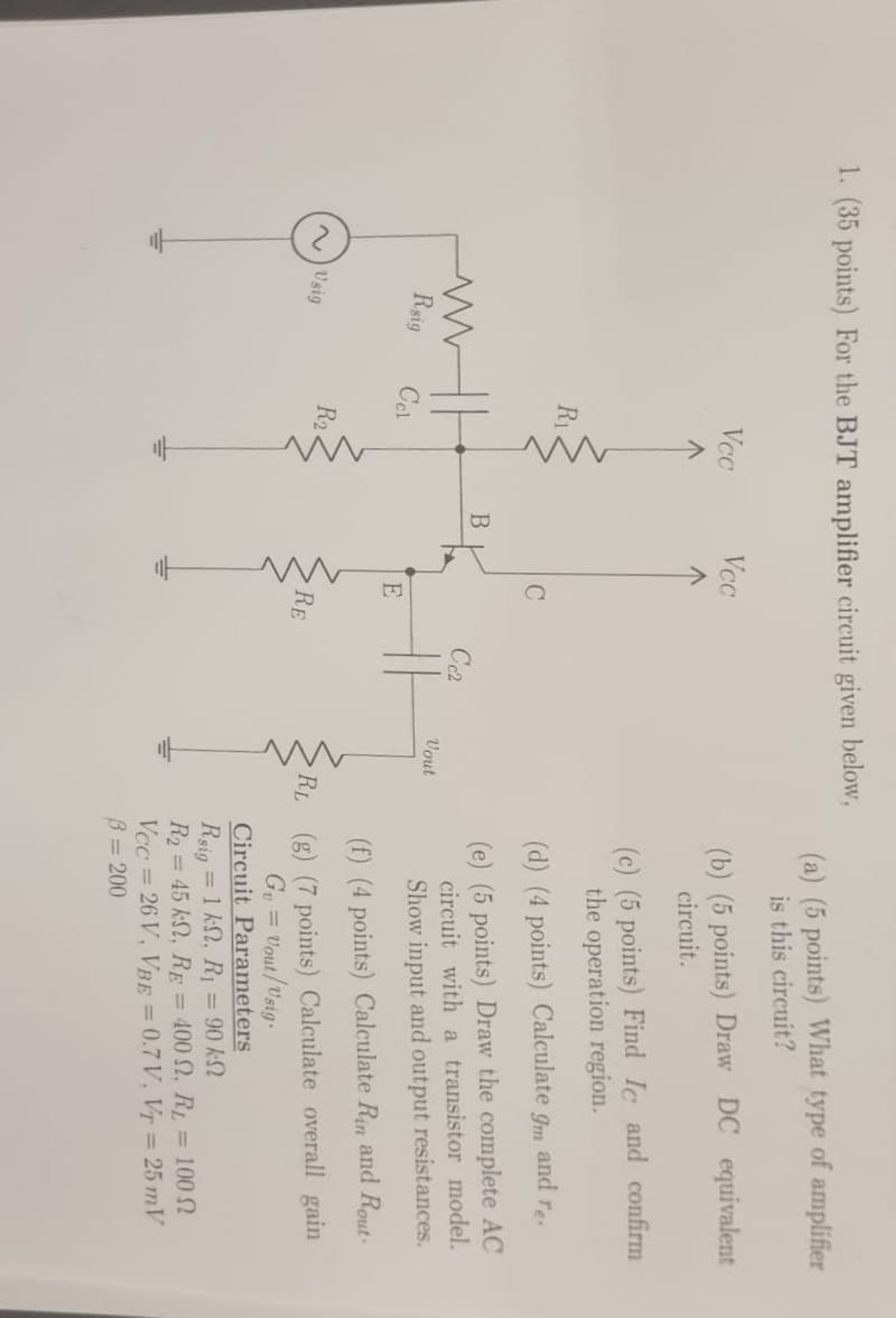 Solved ( 35 ﻿points) ﻿For the BJT amplifier circuit given | Chegg.com