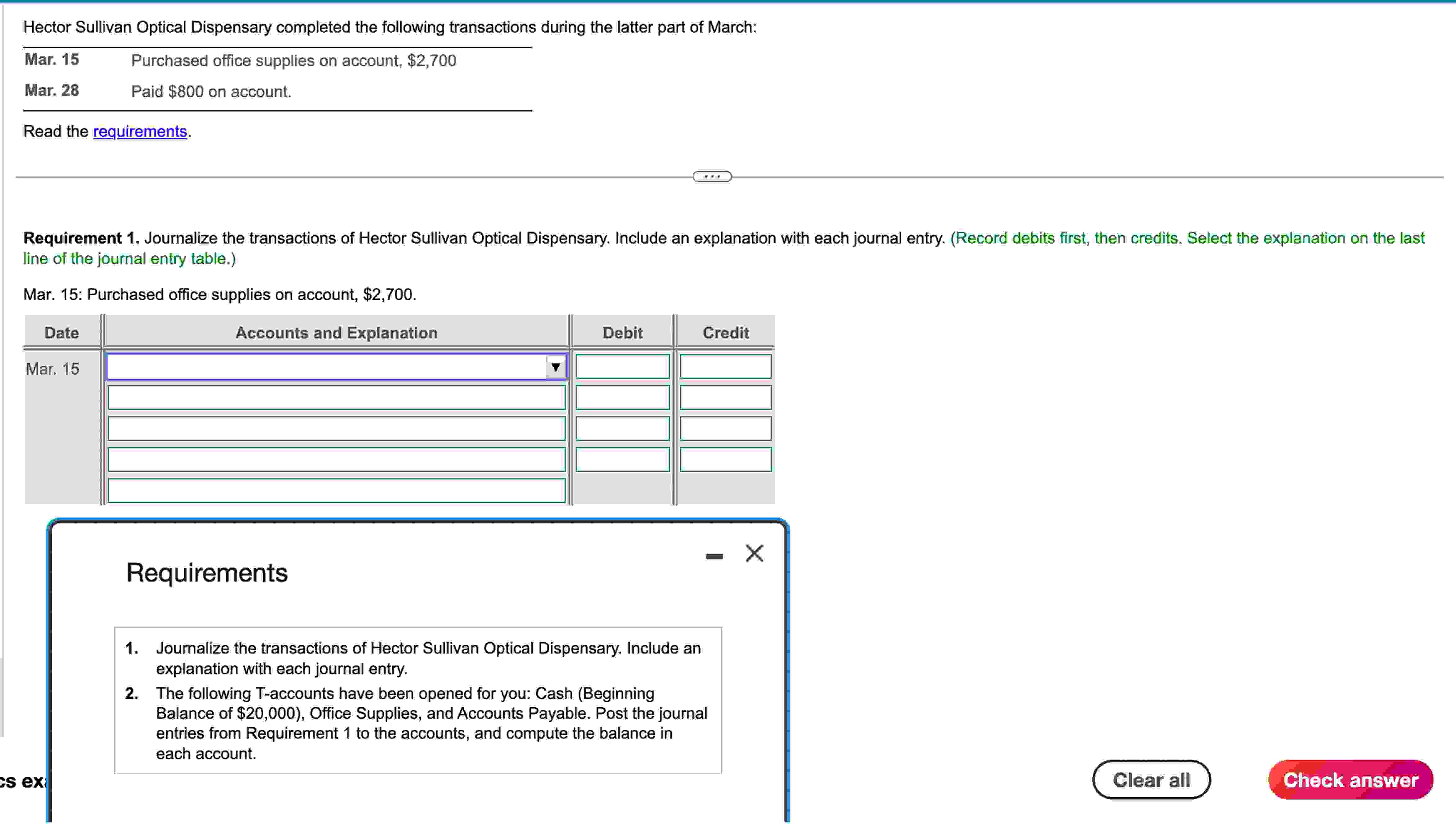 Solved Hector Sullivan Optical Dispensary completed the | Chegg.com