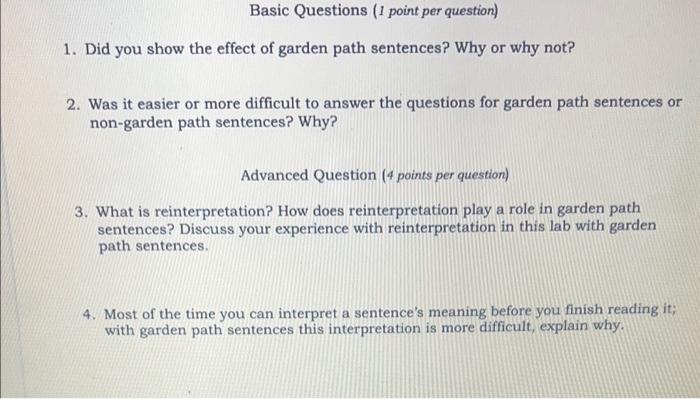 1. Did you show the effect of garden path sentences? | Chegg.com