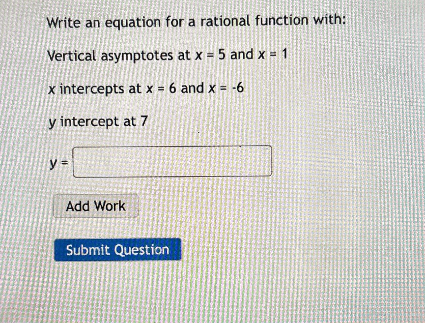 Solved Write an equation for a rational function | Chegg.com
