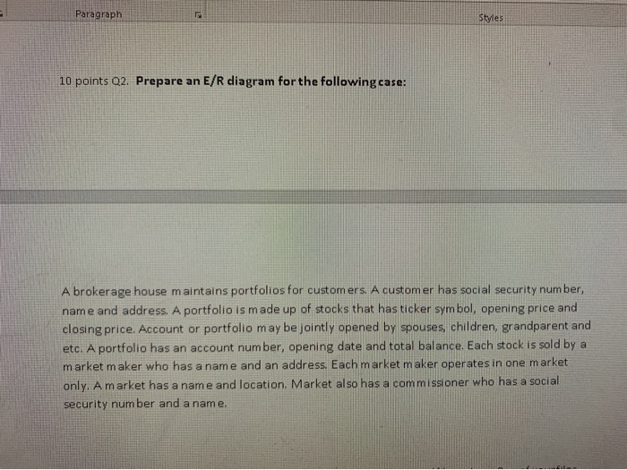 Solved Paragraph Styles 10 points Q2. Prepare an E/R diagram | Chegg.com