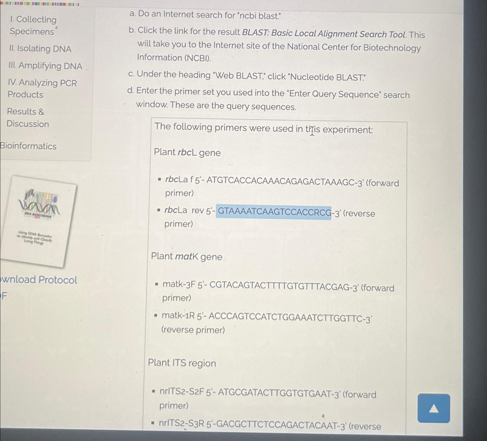 Solved I. CollectingSpecimensII. ﻿Isolating DNAIII. | Chegg.com