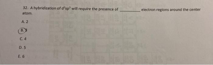 Solved 32. A hybridization of d2sp3 will require the | Chegg.com