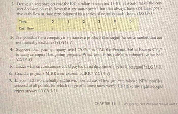 Solved ok2. Derive an accept/reject rule for IRR similar to | Chegg.com