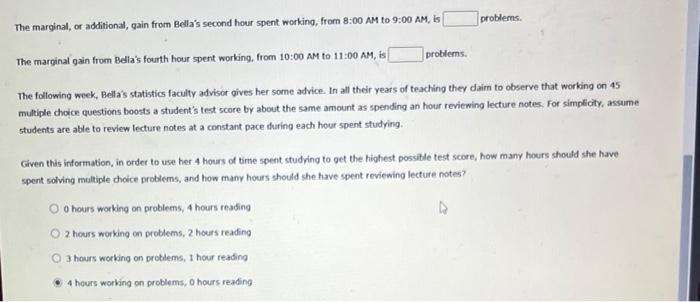 The marginal, or additional, gain from Bella's second | Chegg.com