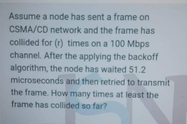 Solved Assume a node has sent a frame on CSMA/CD network and | Chegg.com