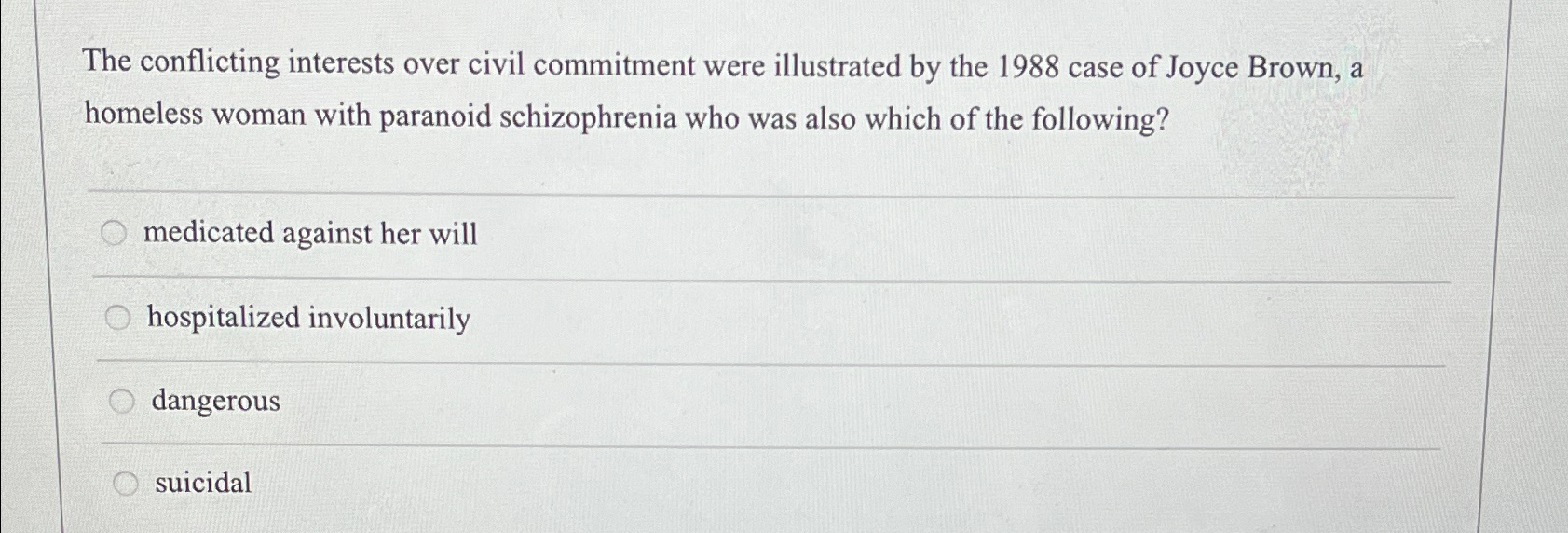 Solved The conflicting interests over civil commitment were | Chegg.com
