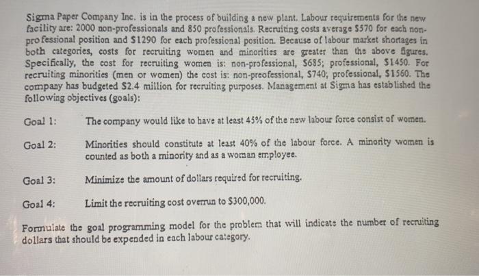 Solved Sigma Paper Company Inc. is in the process of | Chegg.com