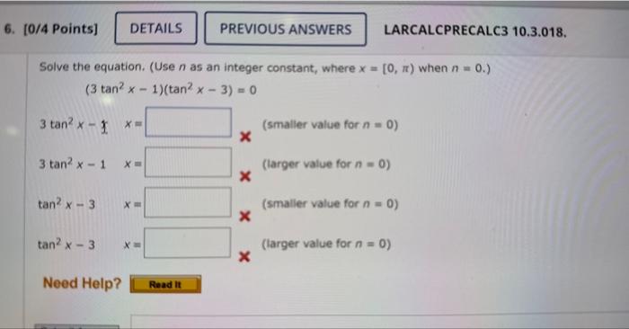 Solved Solve the equation. (Use n as an integer constant, | Chegg.com