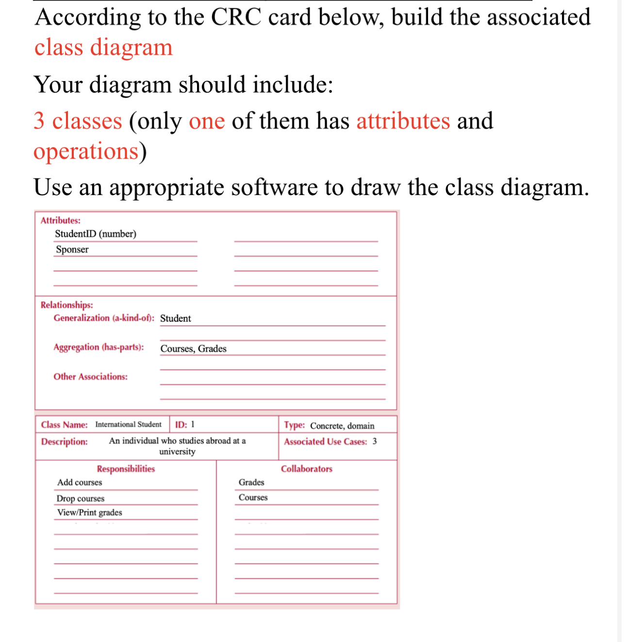 Solved According to the CRC card below, build the associated | Chegg.com