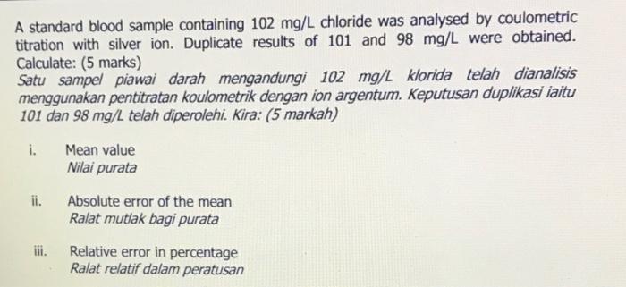 Solved A standard blood sample containing 102 mg/L chloride | Chegg.com