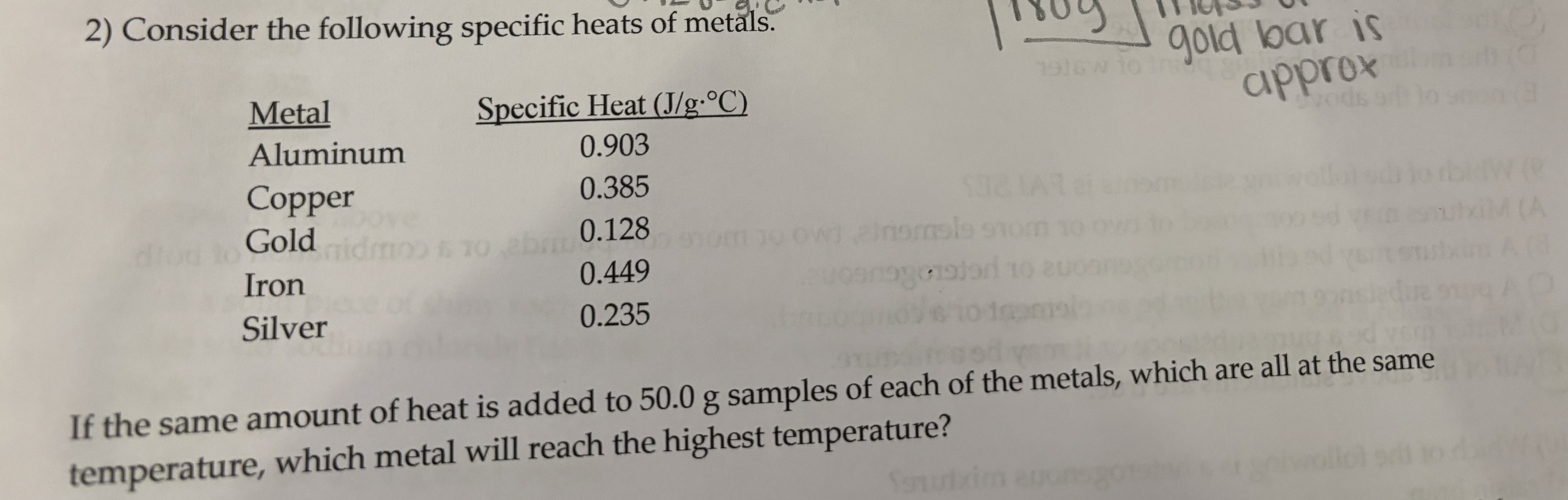 Solved 2. ﻿Conside the followijg specific heats of metals If | Chegg.com