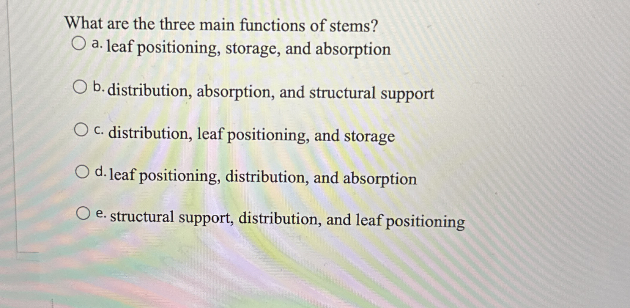 Solved What are the three main functions of stems?a. ﻿leaf | Chegg.com
