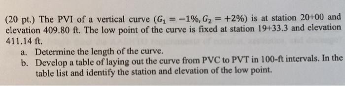 Solved (20 pt.) The PVI of a vertical curve (G1 = -1%, G2 = | Chegg.com