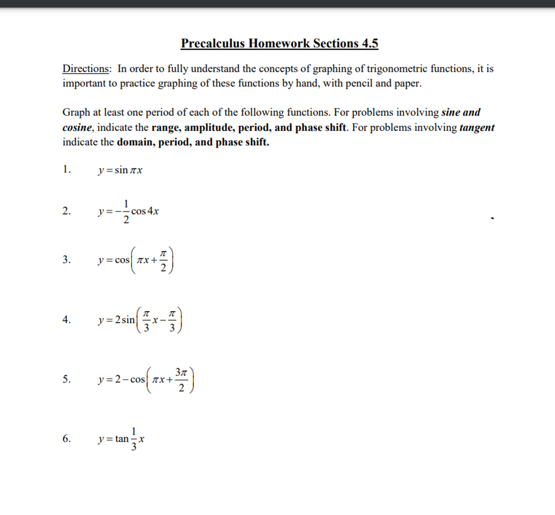 Solved Precalculus Homework Sections 4.5Directions: In order | Chegg.com