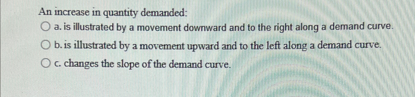 Solved An increase in quantity demanded:a. ﻿is illustrated | Chegg.com