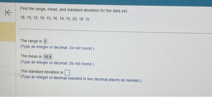 Solved Find the range, mean, and standard deviation for the | Chegg.com