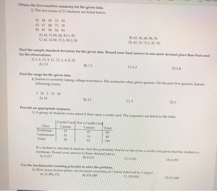 Solved Obtain the five-number summary for the given data. 2) | Chegg.com
