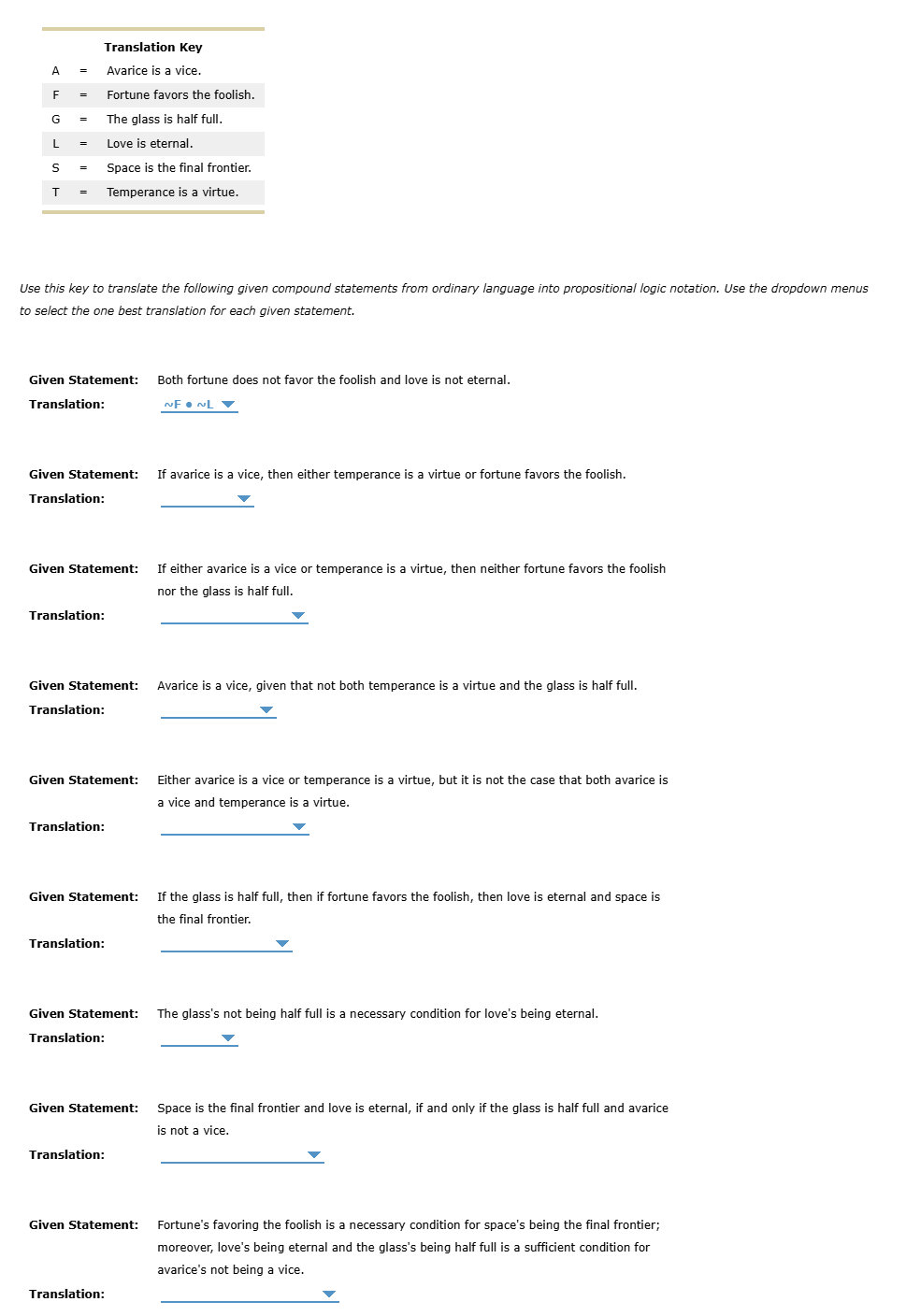 Solved Translation Key\( \mathrm{A}= \) ﻿Avarice is a vice.F | Chegg.com
