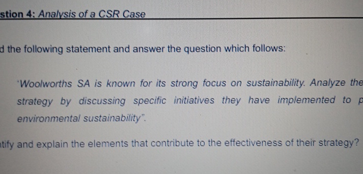 Solved stion 4: Analysis of a CSR Cased the following | Chegg.com