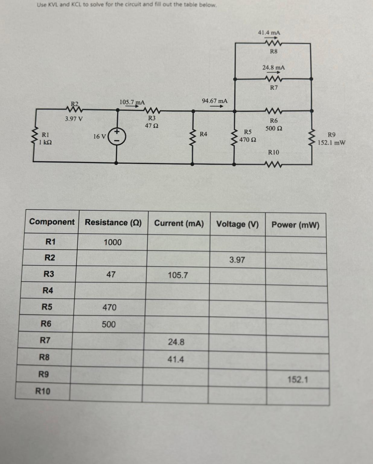 Solved Use KVL and KCL to solve for the circuit and fill out | Chegg.com