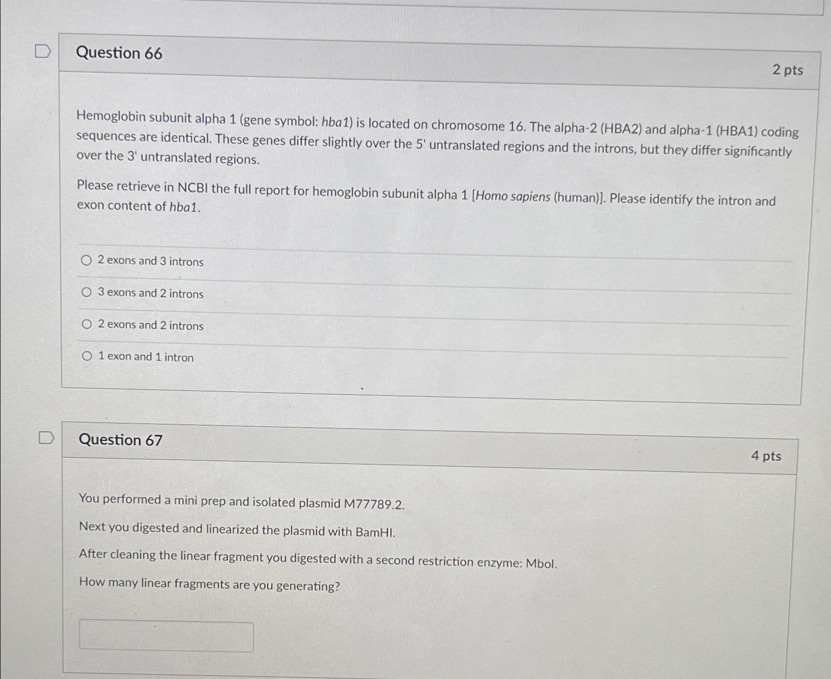 Solved Question 662 ﻿ptsHemoglobin subunit alpha 1 (gene | Chegg.com