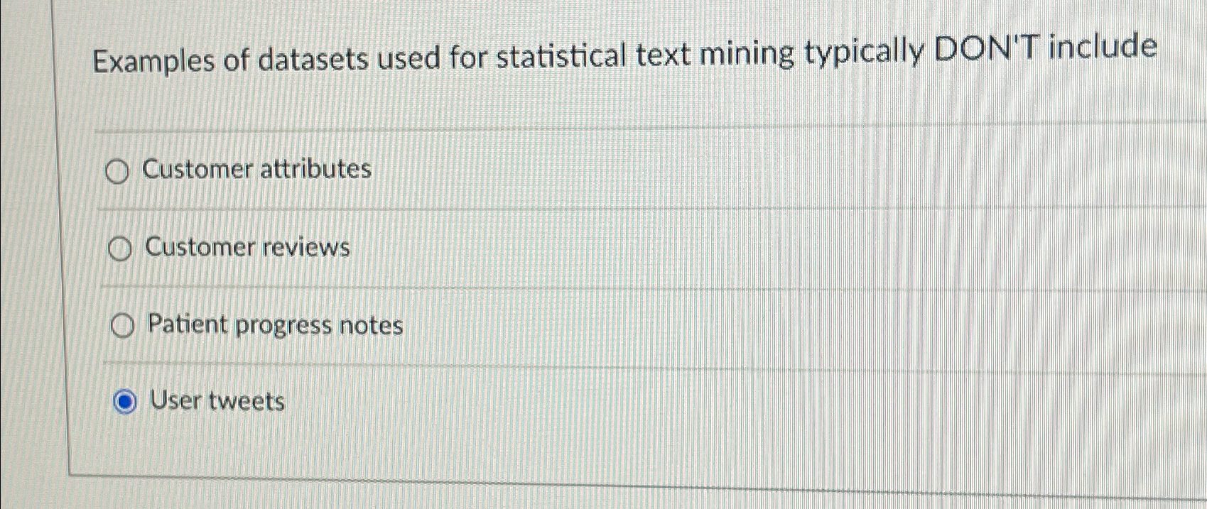 Solved Examples of datasets used for statistical text mining | Chegg.com