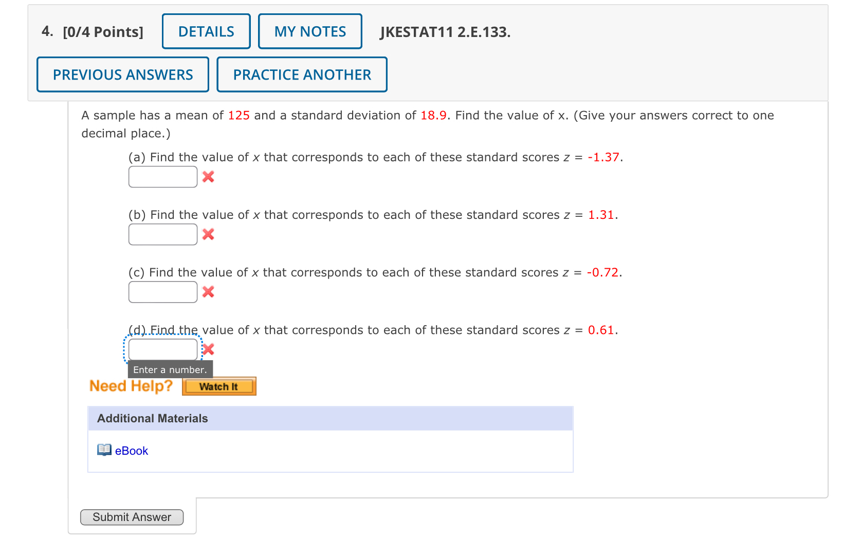 [0/4 ﻿Points]JKESTAT11 2.E.133.A sample has a mean of | Chegg.com