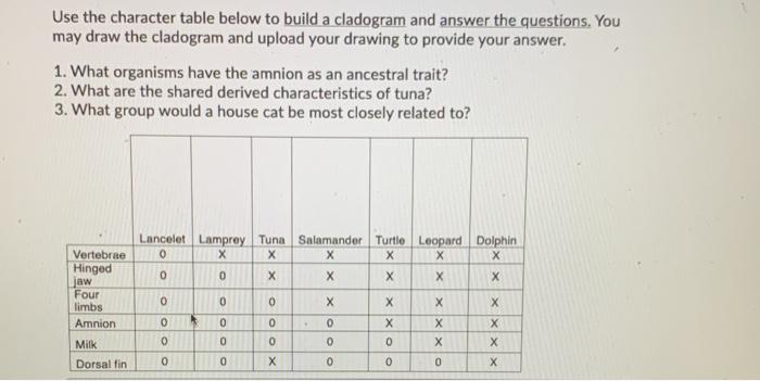 Solved Use the character table below to build a cladogram | Chegg.com