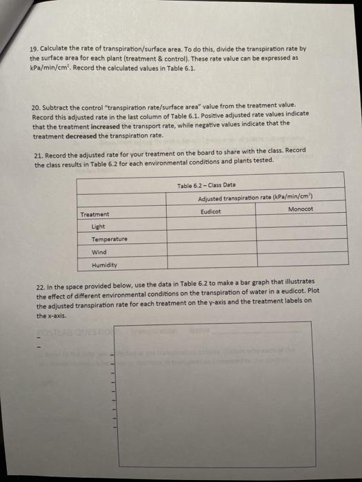 19. Calculate the rate of transpiration/surface area. | Chegg.com