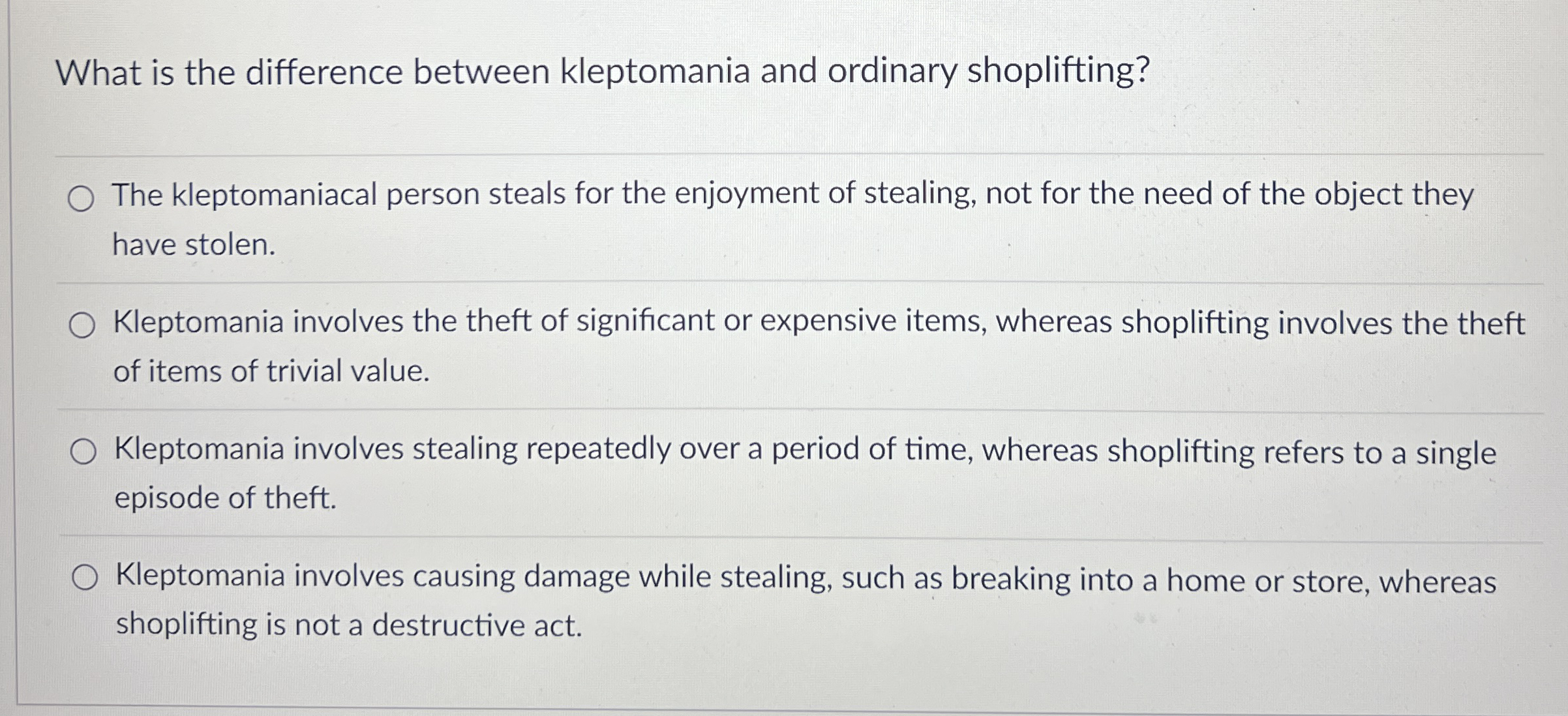 Solved What is the difference between kleptomania and | Chegg.com