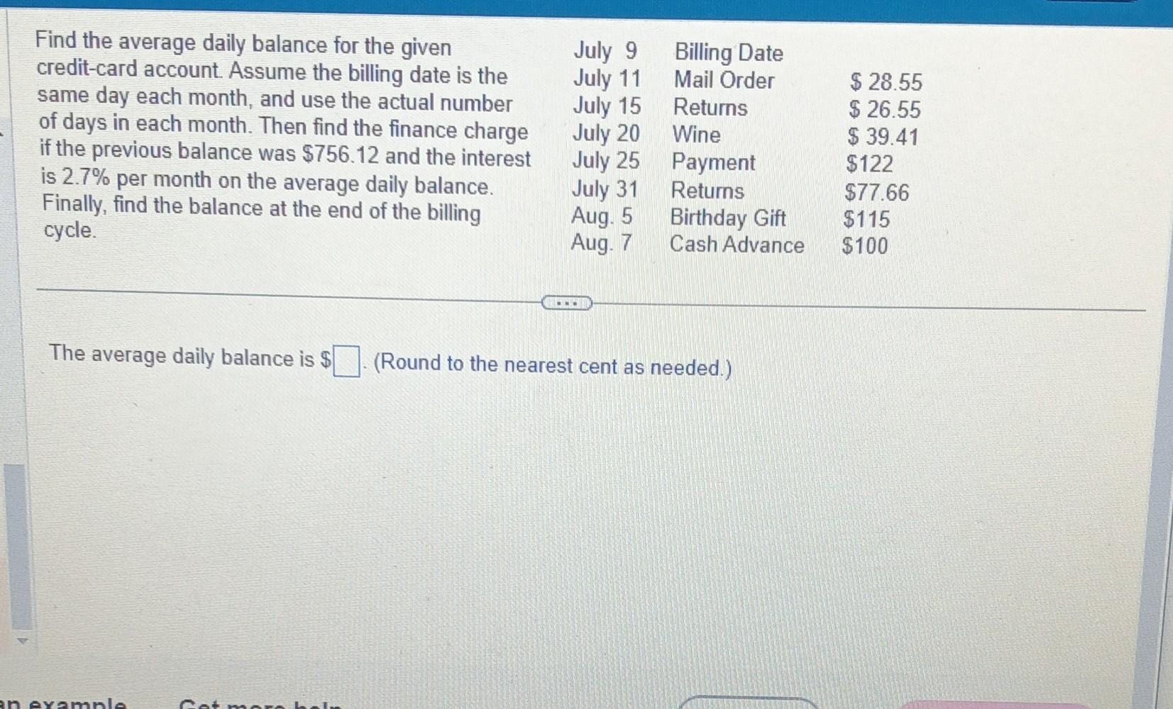Solved Find the average daily balance for the given | Chegg.com