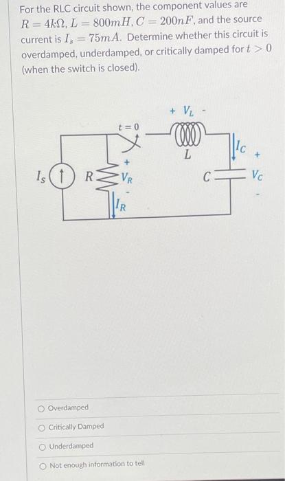 Solved For the RLC circuit shown, the component values are | Chegg.com