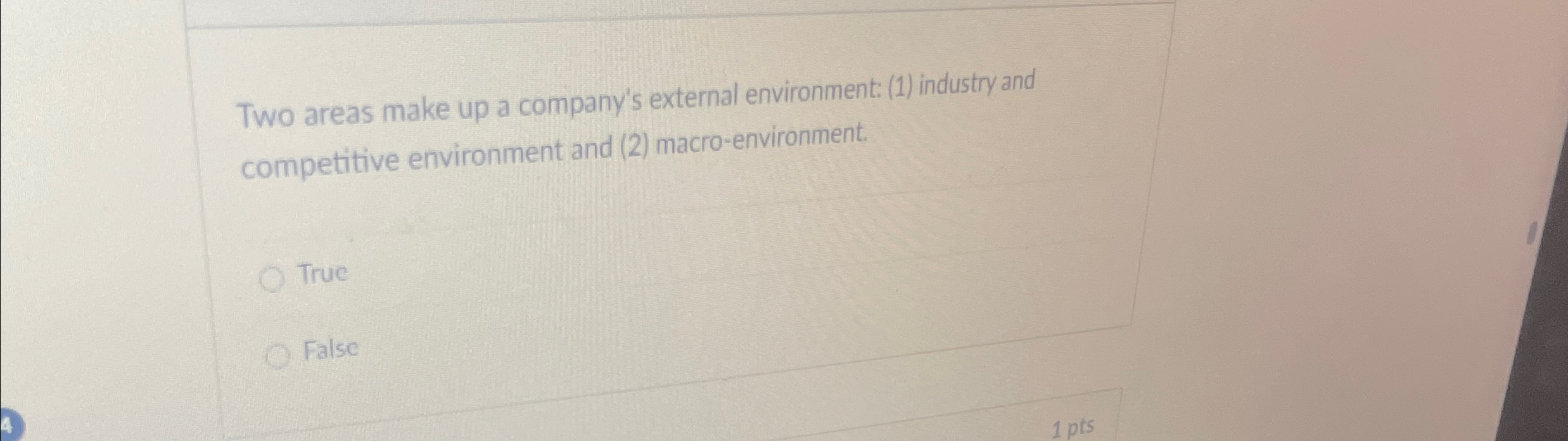 Solved Two areas make up a company's external environment: | Chegg.com