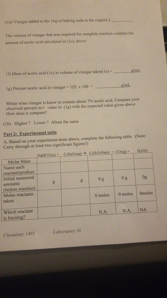 Solved Chem 1405 Lab 10 Stoichiometry And Limiting Reactant