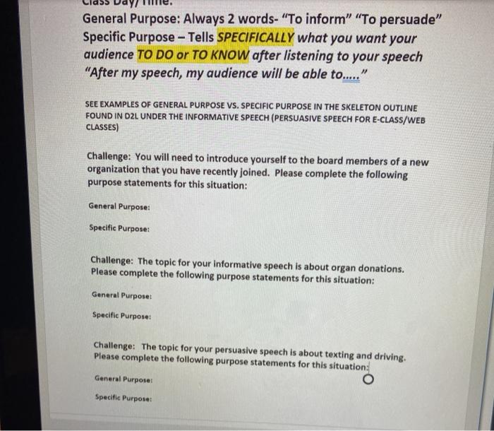 Solved General Purpose: Always 2 words- "To inform” "To | Chegg.com