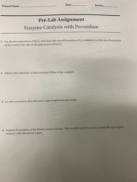 Solved Printed Name Date Section Pre-Lab Assignment Enzyme | Chegg.com