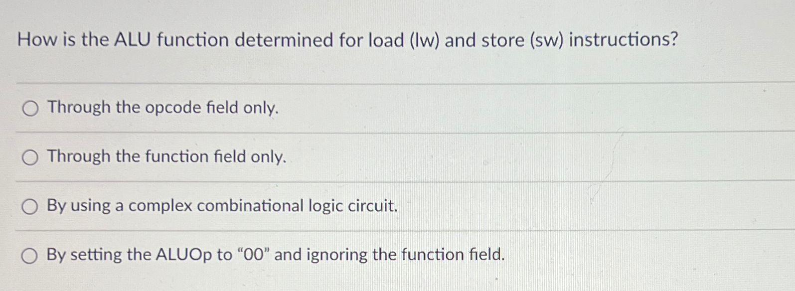 Solved How is the ALU function determined for load (Iw) ﻿and | Chegg.com