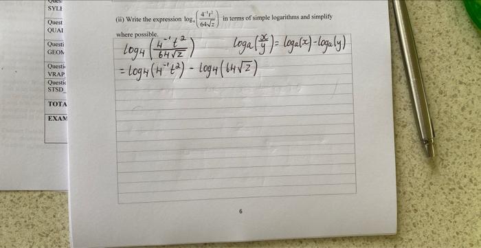 Solved (ii) Write the expression log4(64z4−1i2) in tems of | Chegg.com