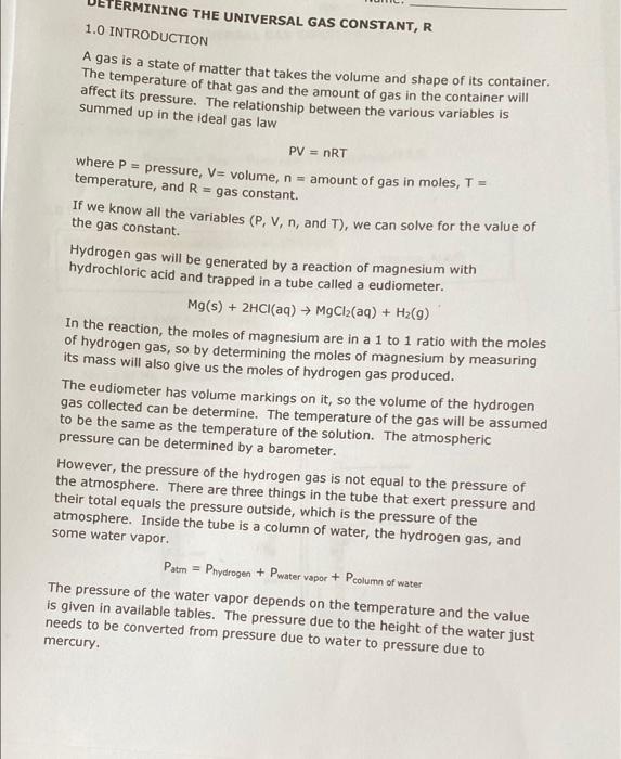Solved DETERMINING THE UNIVERSAL GAS CONSTANT, R 7.0 | Chegg.com