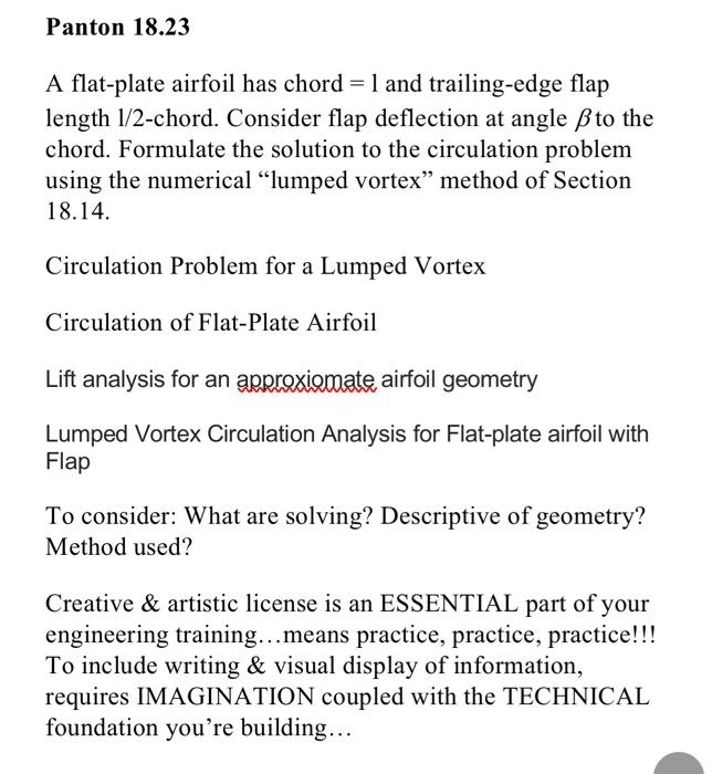 Panton 18.23 A flat-plate airfoil has chord =1 and | Chegg.com