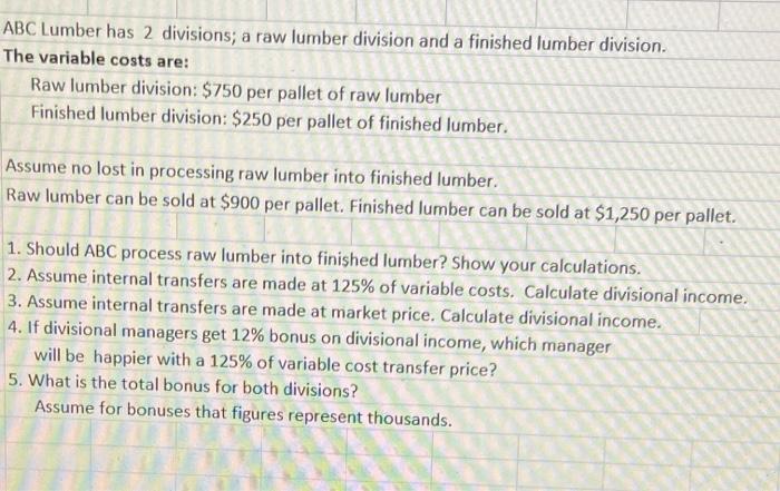 Solved ABC Lumber has 2 divisions; a raw lumber division and | Chegg.com