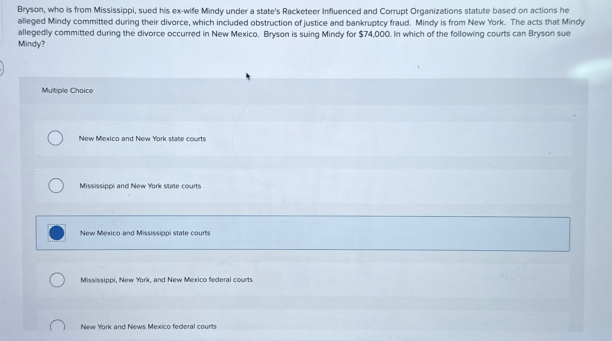 Solved Bryson, who is from Mississippi, sued his ex-wife | Chegg.com