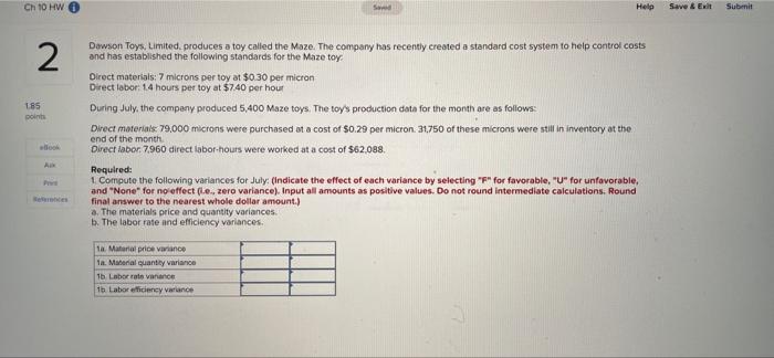 Solved Ch 10 HW 0 Help Save & Exit Submit 2 185 point Dawson | Chegg.com