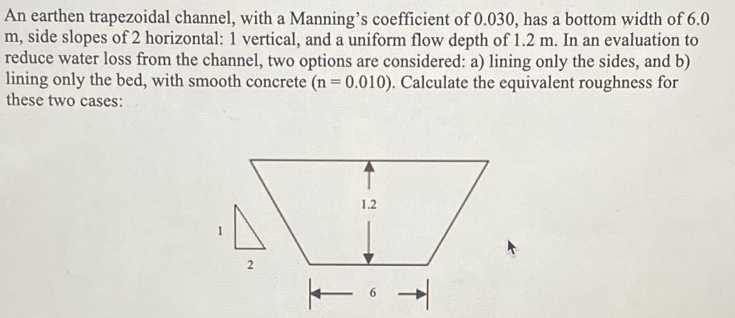 Solved An earthen trapezoidal channel, with a Manning's | Chegg.com