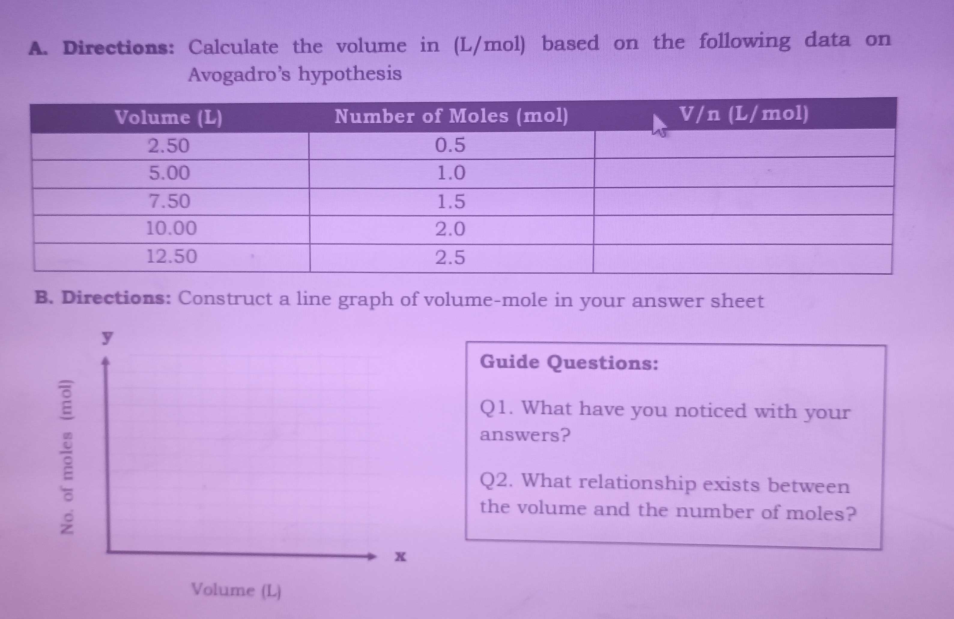 Solved A. ﻿Directions: Calculate the volume in (Lmol) ﻿based | Chegg.com